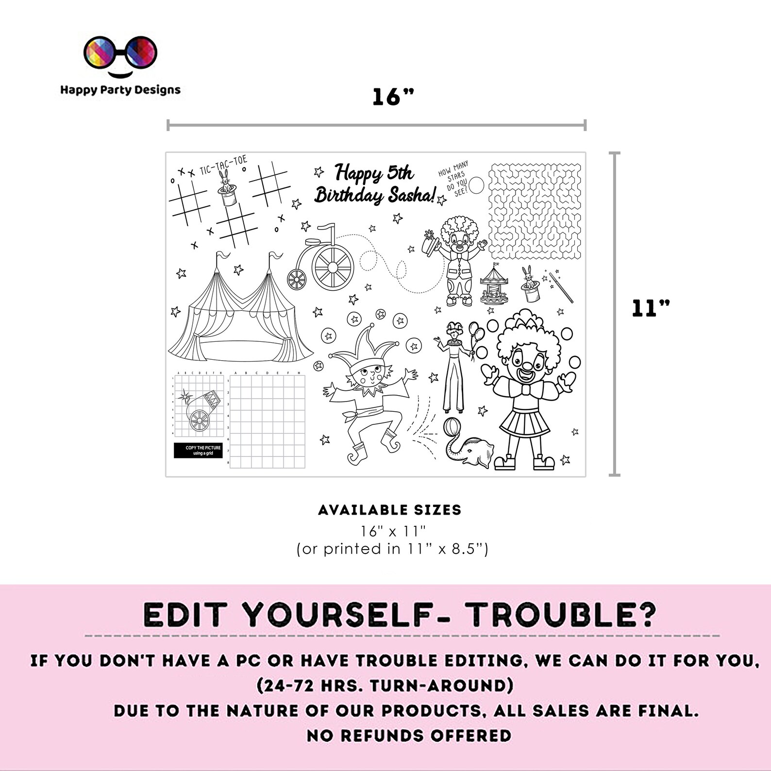 Editable Circus Coloring Activity Page Girl Party | Placemat Coloring ...