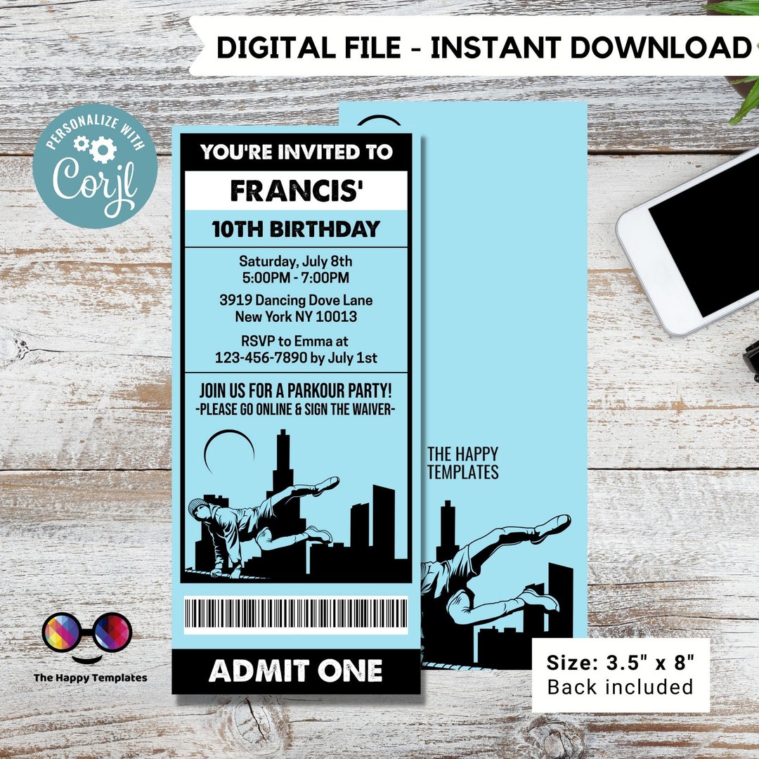 Editable Parkour Party Invitation | Digital Parkour Printable Ticket ...
