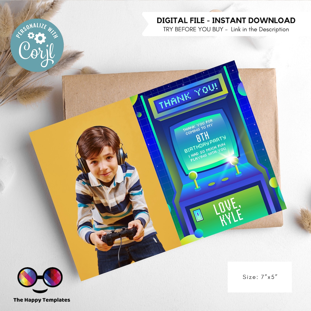 Editable Arcade Thank You Card | Arcade Party | Birthday Boy | Birthday ...