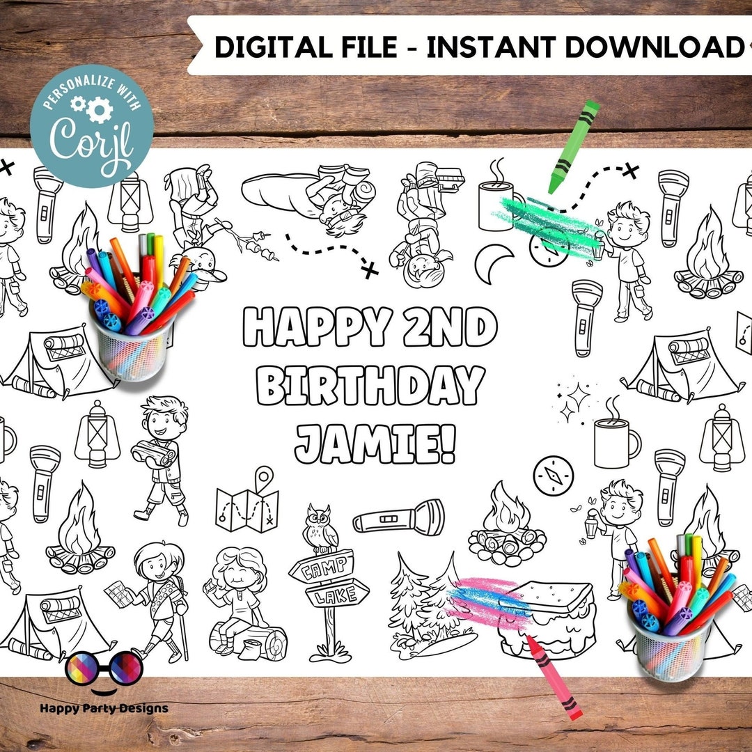 Camping XL Coloring Table Runner | Editable Camping Birthday Coloring ...