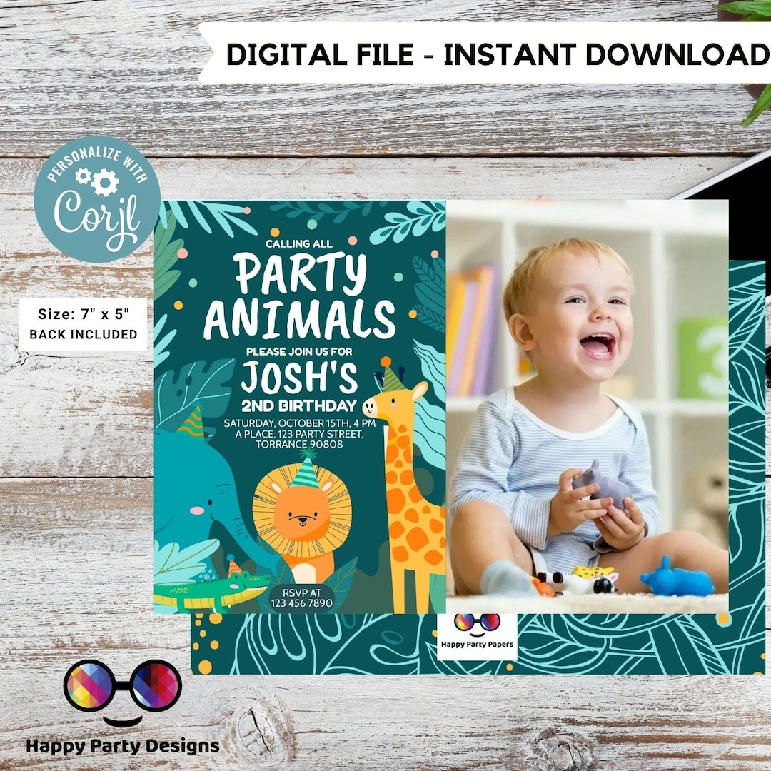 Editable Party Animals Birthday Invitation With Photo | Green Birthday ...
