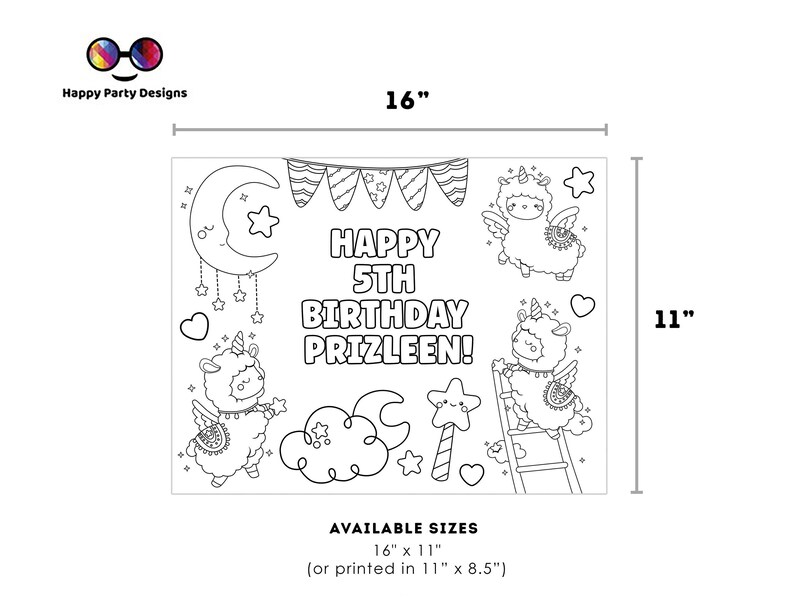 Editable Llama Birthday Coloring Page Placemat Coloring Page - Etsy