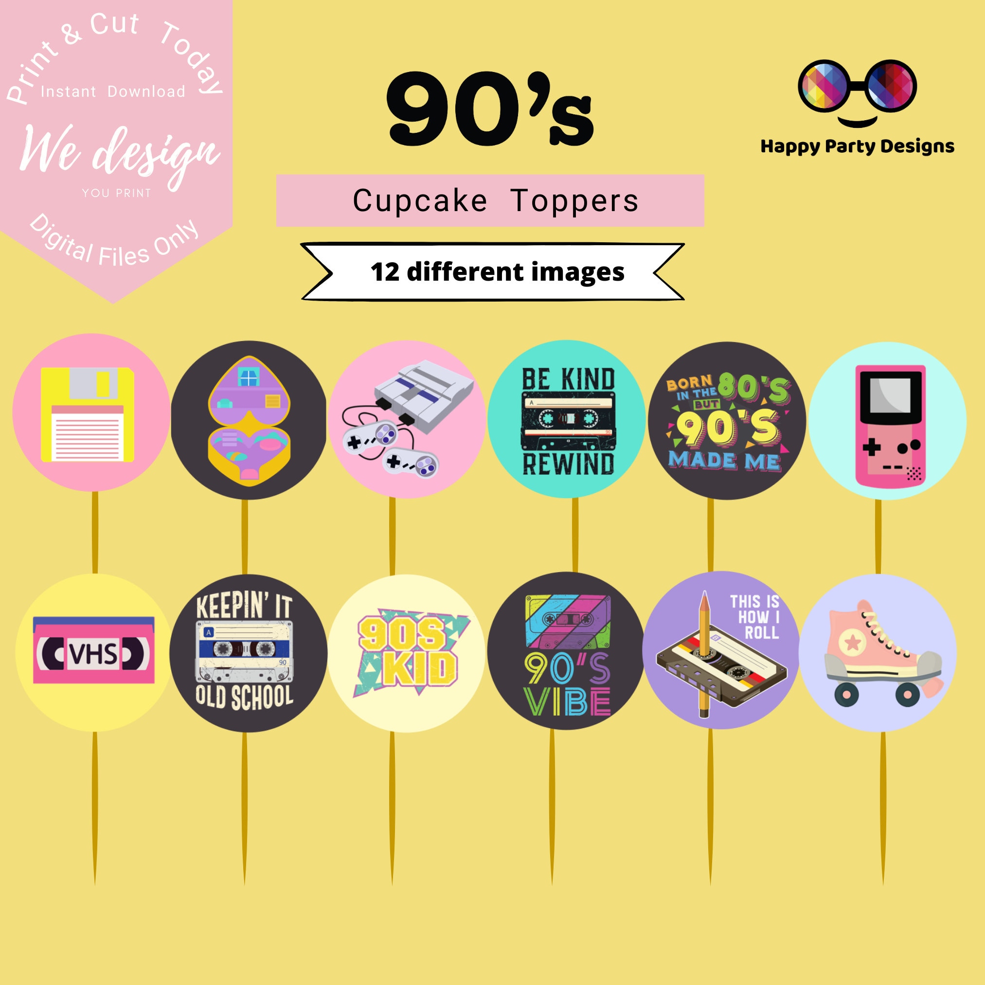 90s Cupcake Toppers Purple 2 | Retro Birthday | Cupcake Toppers ...