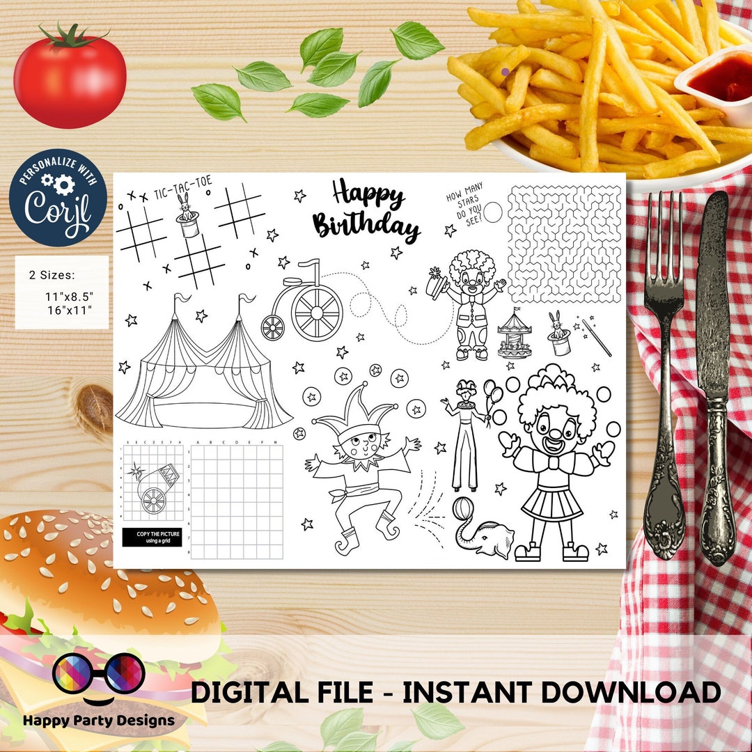 Editable Circus Coloring Activity Page Girl Party | Placemat Coloring ...
