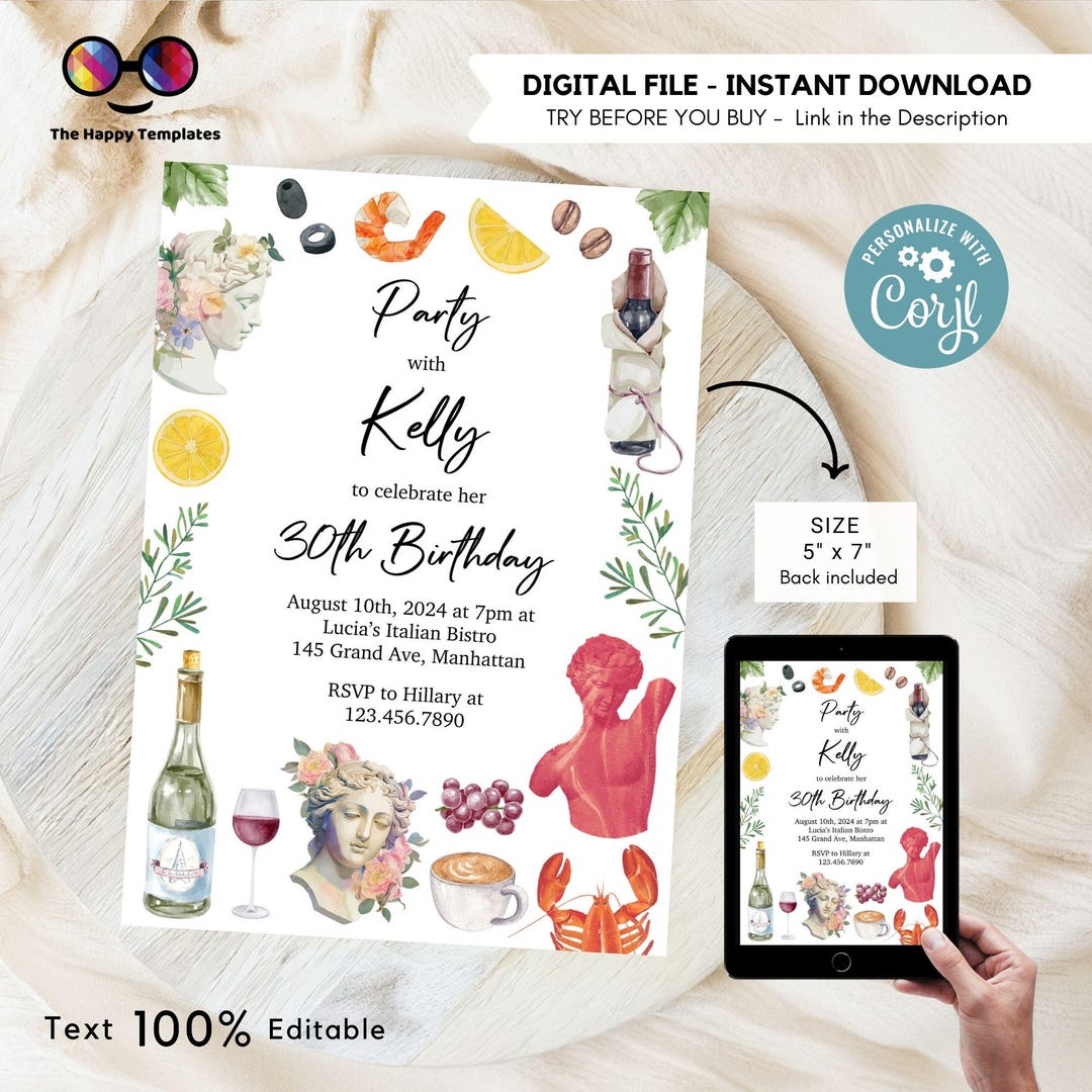 Mediterranean Party Invitation | Italy Mediterranean Vibe | Hand Drawn ...