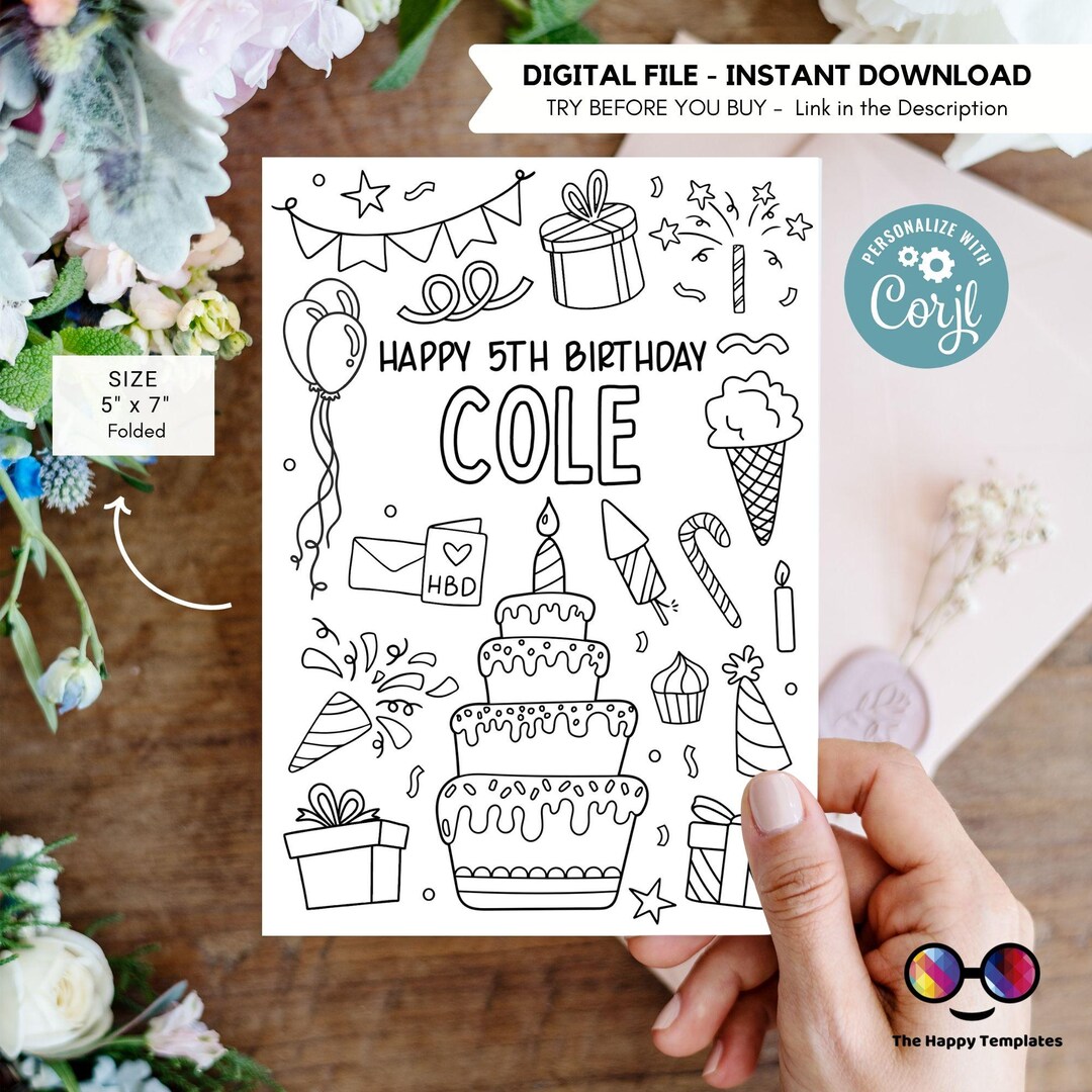 Editable Coloring Birthday Card | Card to Color | Coloring Greeting ...
