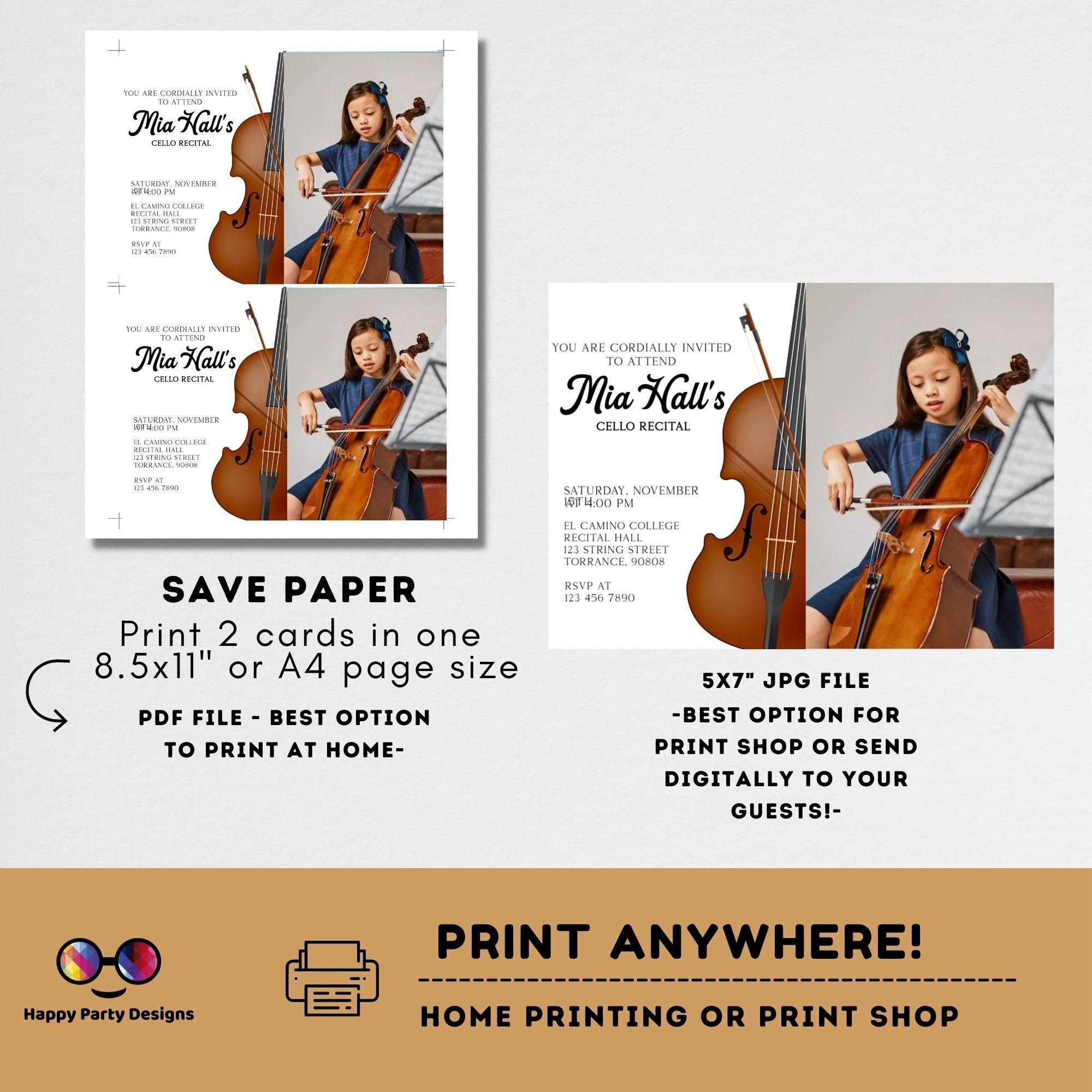 EDITABLE Cello Recital Invitation Template With Photo | Orchestra ...