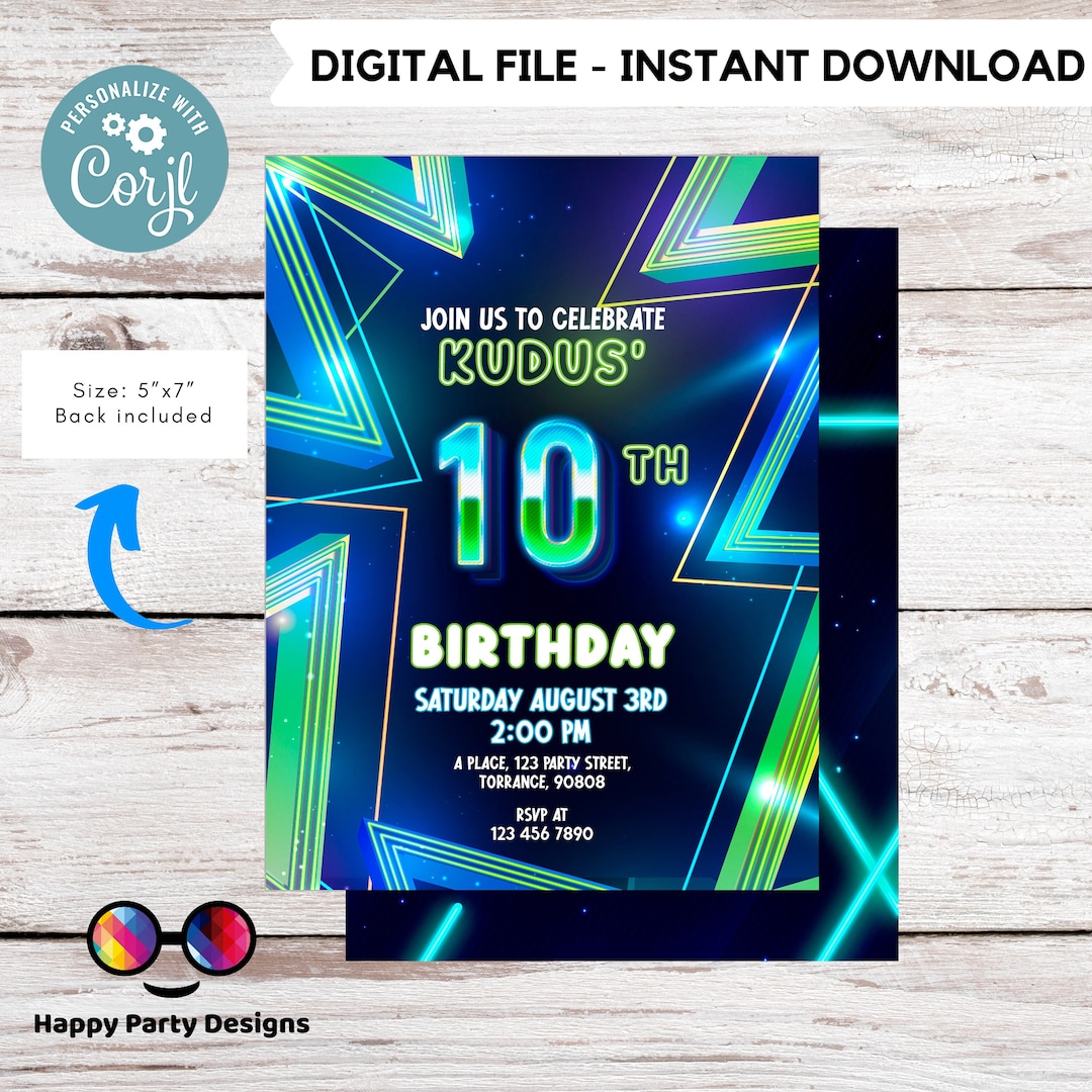 EDITABLE Boy 10 Th Birthday Invitation | Neon Glow in the Dark Party ...