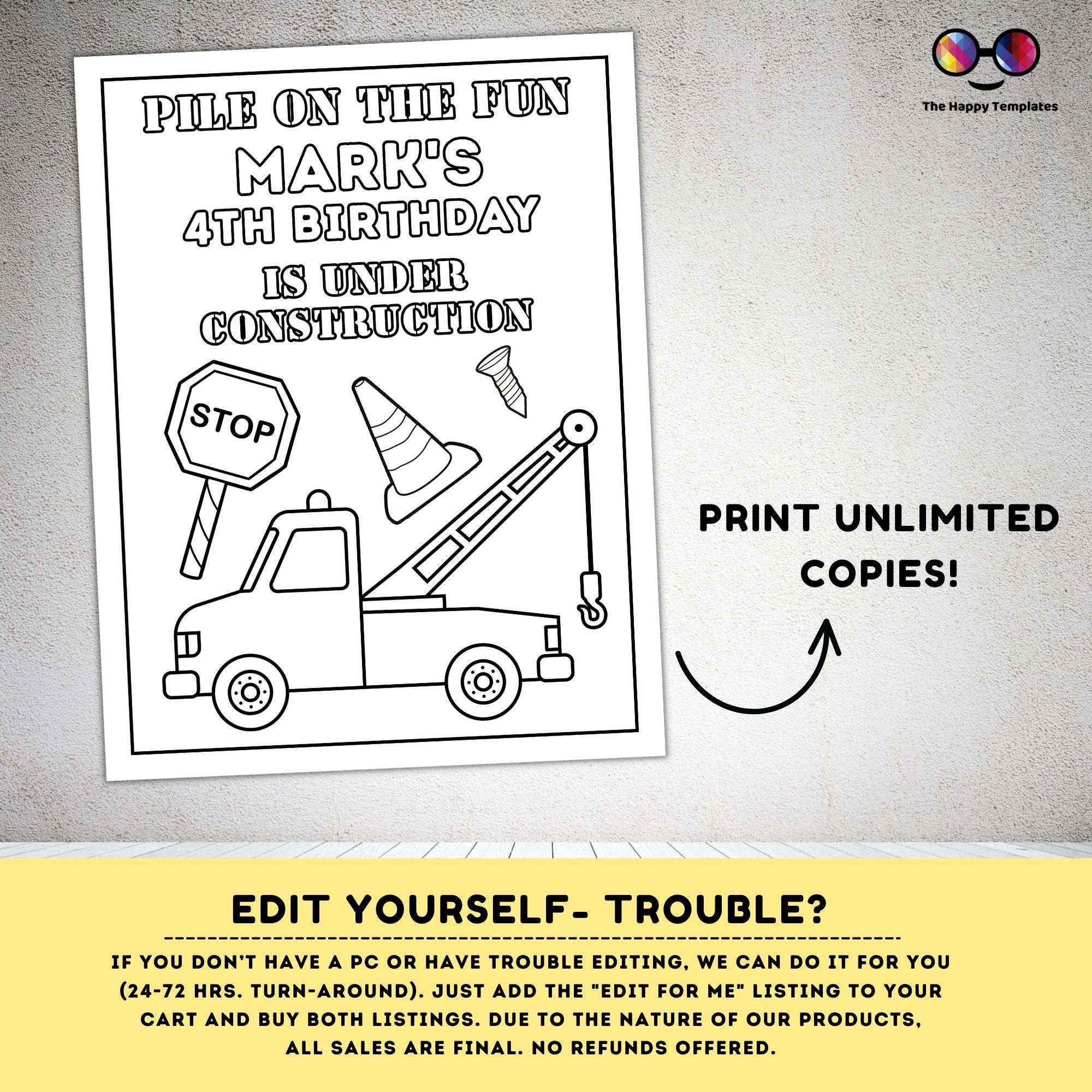 Editable Under Construction Coloring Pages 5 | Trucks Birthday Activity ...