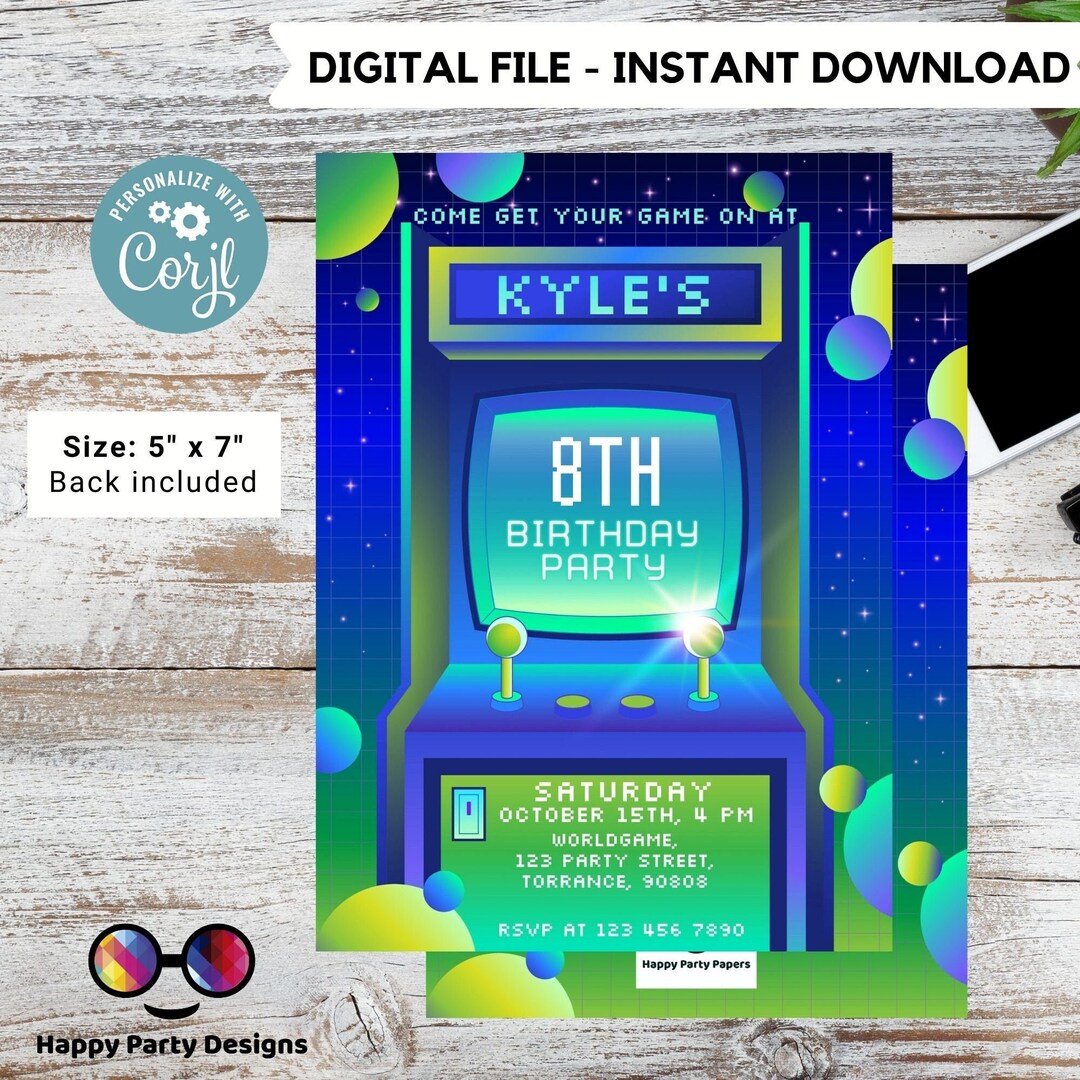 Editable Arcade Birthday Invite Template | Printable Neon Arcade Party ...