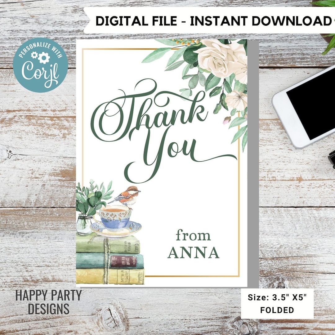 Book Themed Thank You Card Download Bridal Shower Baby - Etsy