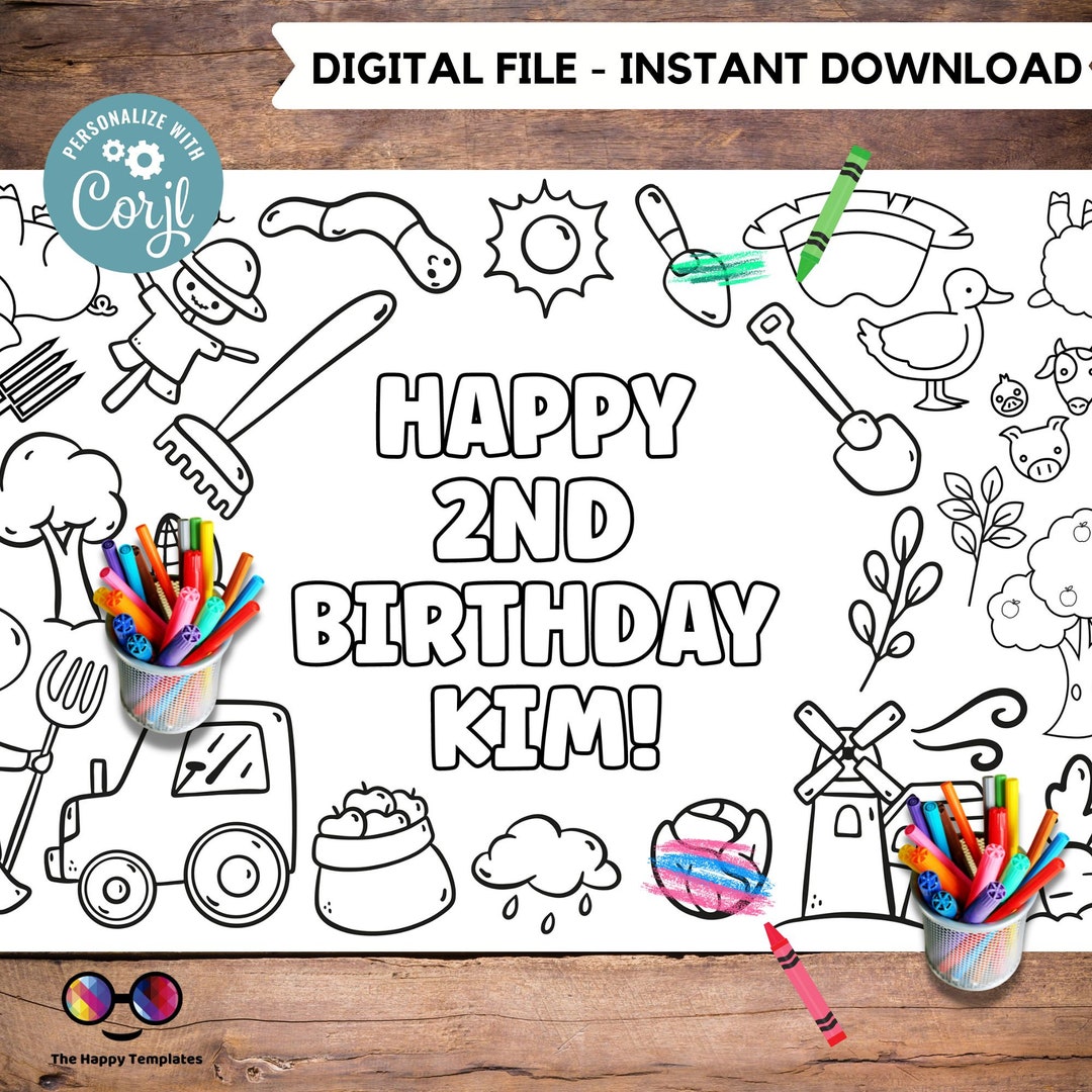 Editable Farm Kids XL Coloring Page | Farm Birthday Table Runner | Any ...