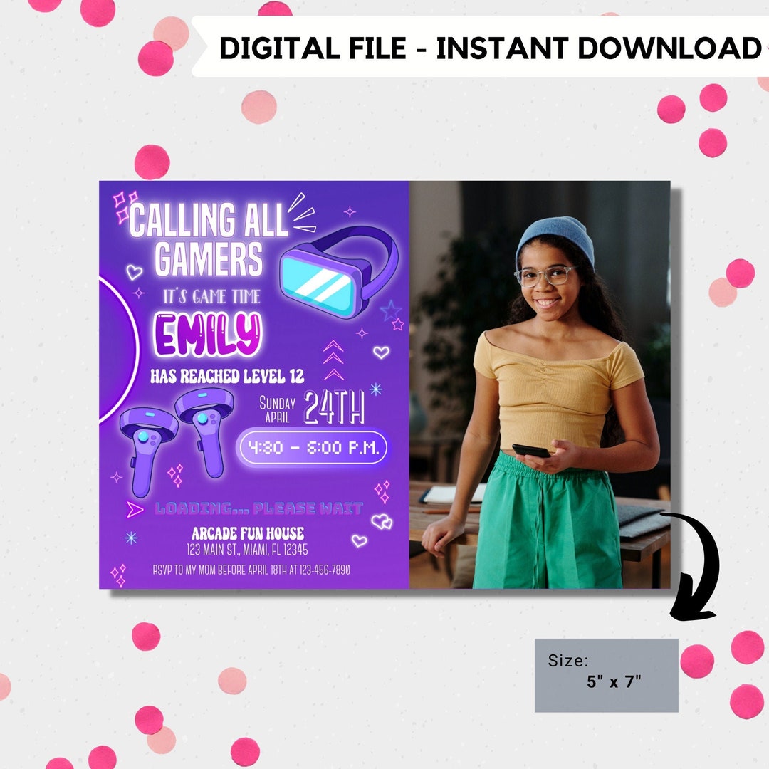 Editable Video Gamer Invitation | Digital Neon Video Gamer Printable ...