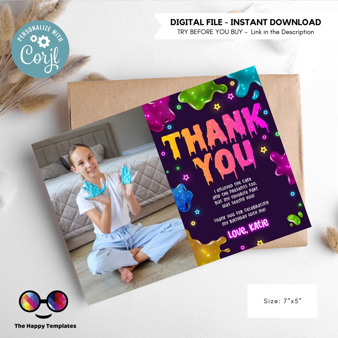Slime Thank You Card With Photo | Slime Party Thank You Card | Birthday ...