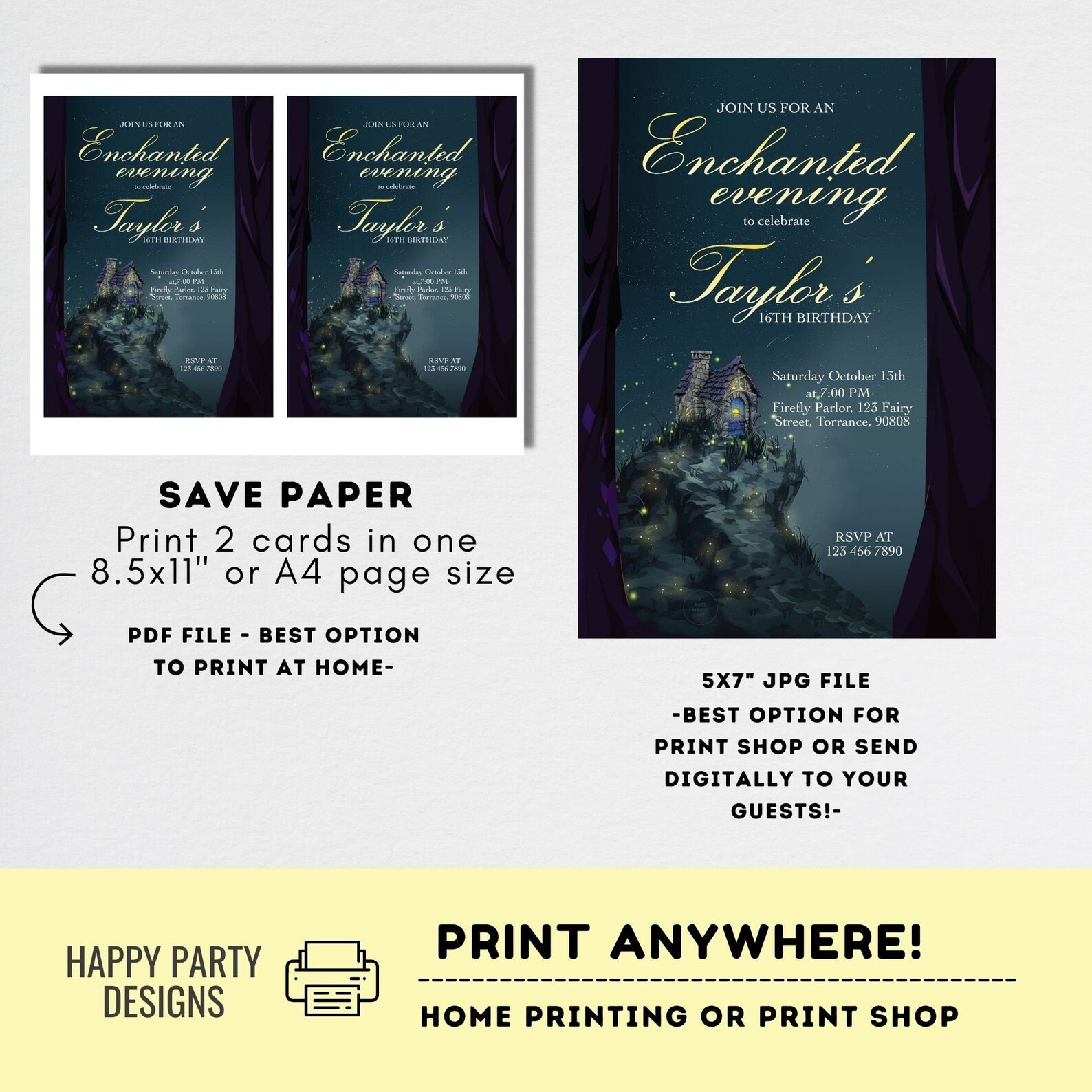 Enchanted Party Invitations Gold Glitter Invitations - Etsy