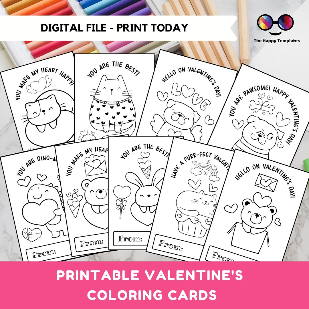 Valentines Printable Coloring Cards INSTANT DOWNLOAD Set of 9 ...