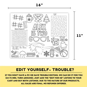 Two Cool Activity Coloring Page | Editable Placemat Coloring Page | Any ...