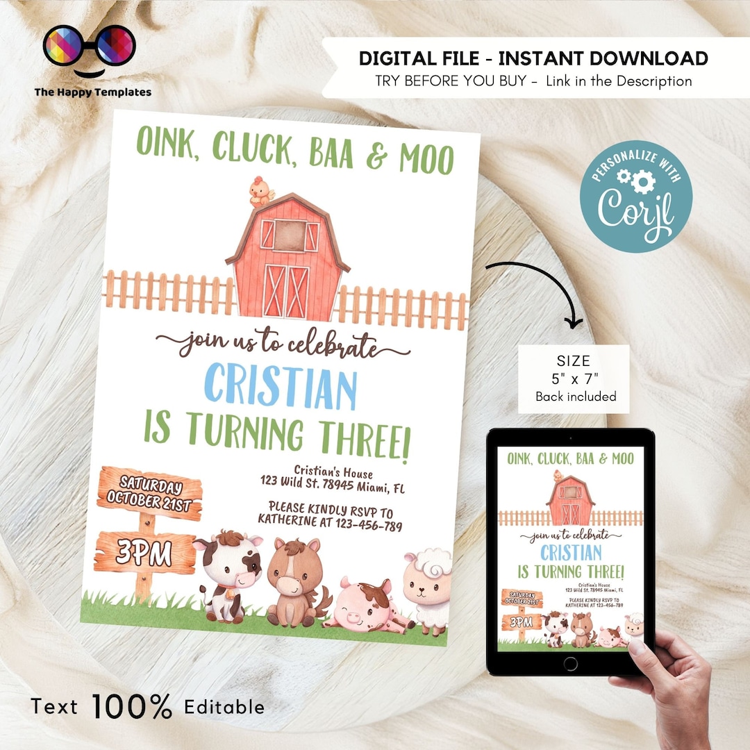 Editable Oink, Cluck, Baa & Moo Farm Birthday Invitation Boy | Farm ...