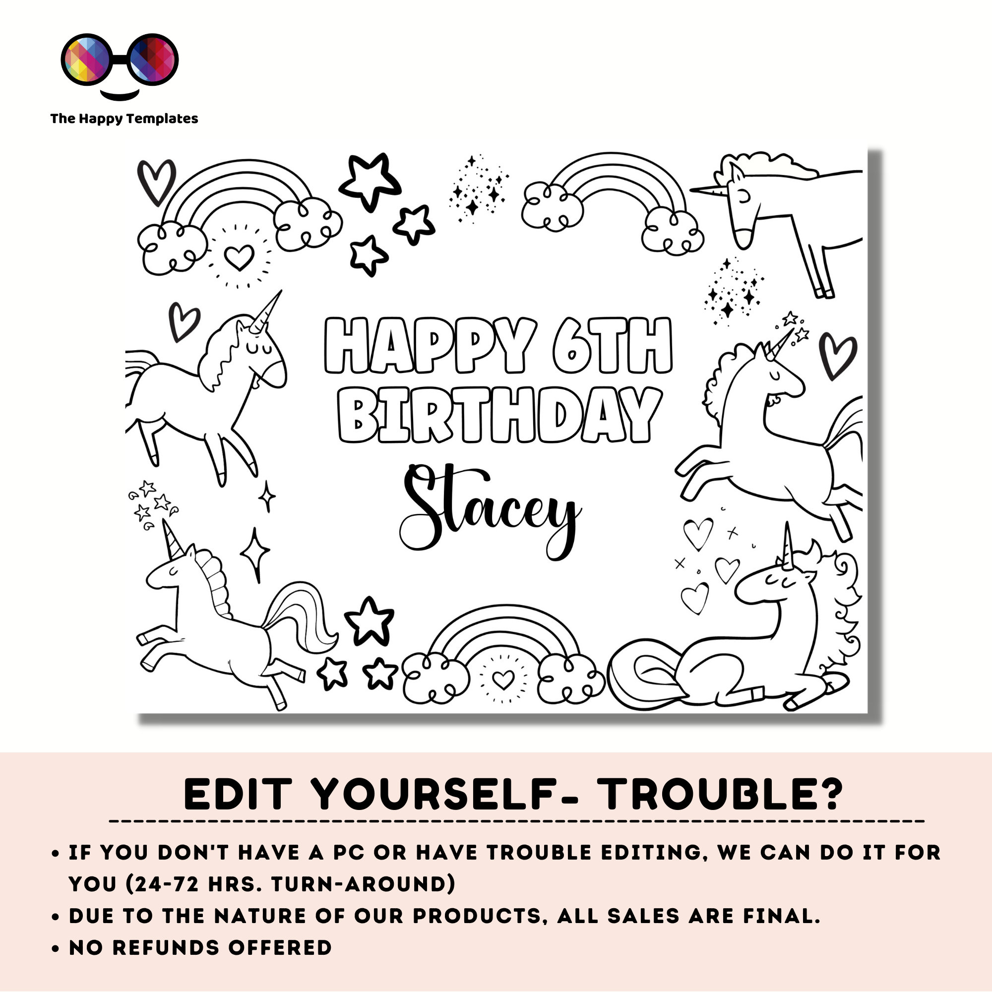 Editable Unicorns and Rainbows Coloring Page Placemat - Etsy