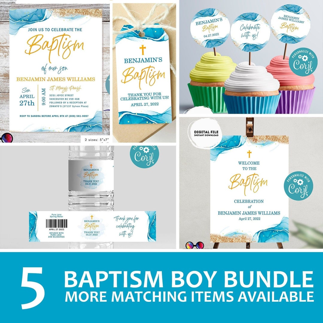 Blue Watercolor Baptism Invitation Bundle Template | Gold Christening ...