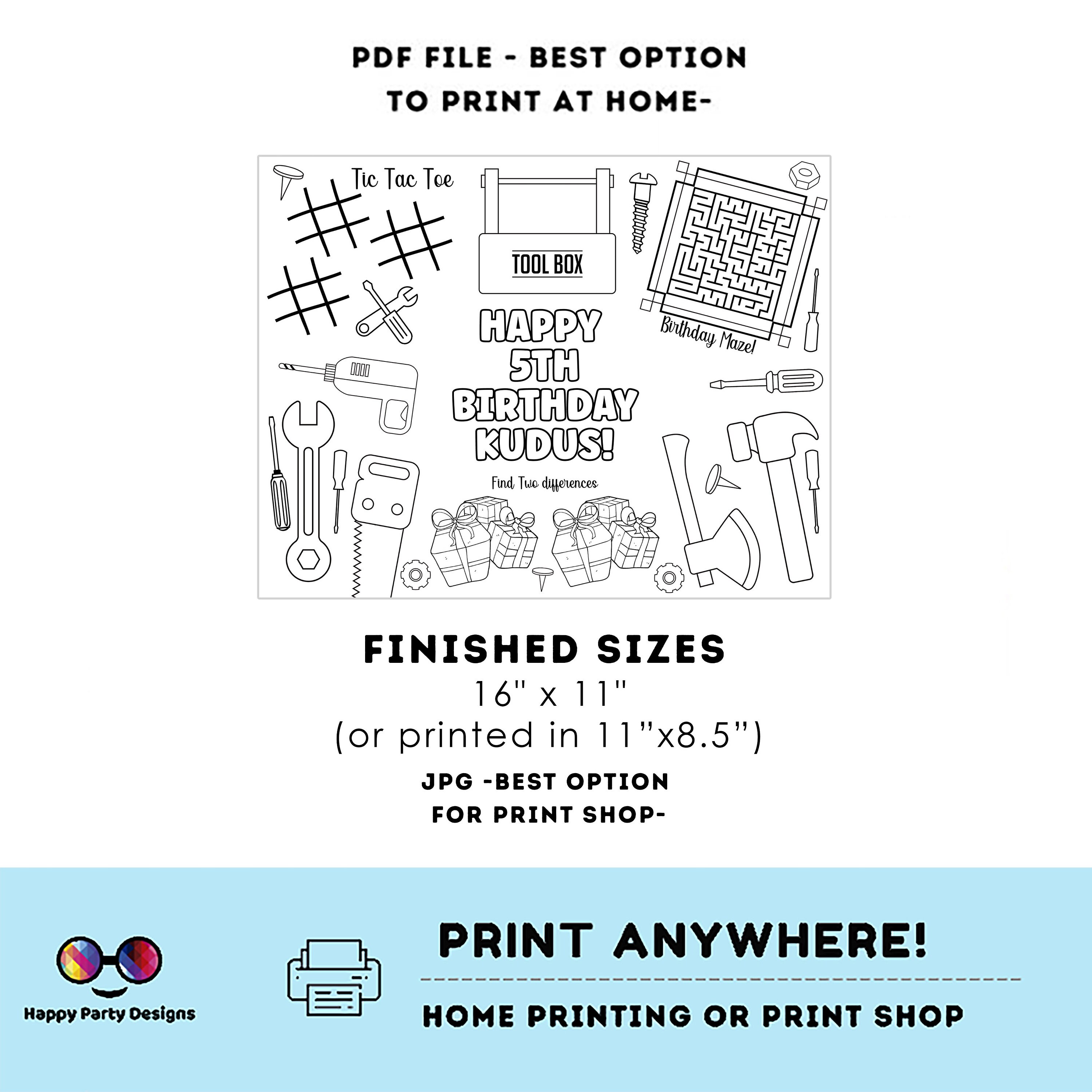 Editable Tools Coloring Activity Page | Editable Tools Birthday ...