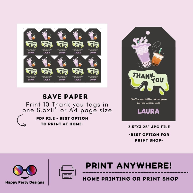 Editable Boba Tea Thank You Tag Digital Tea Party Printable - Etsy