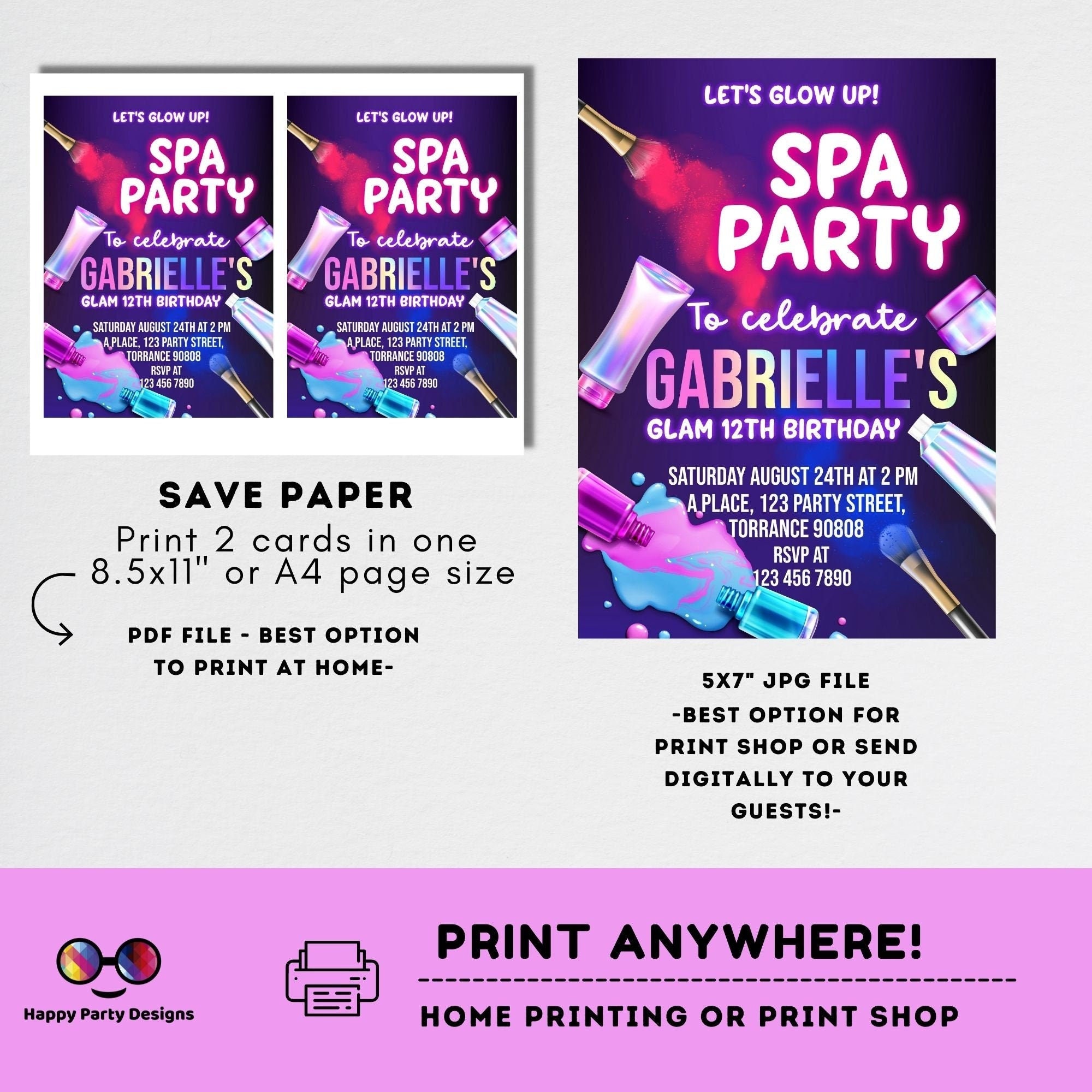Editable Neon Spa Party Girls Spa Birthday Party Invitation - Etsy