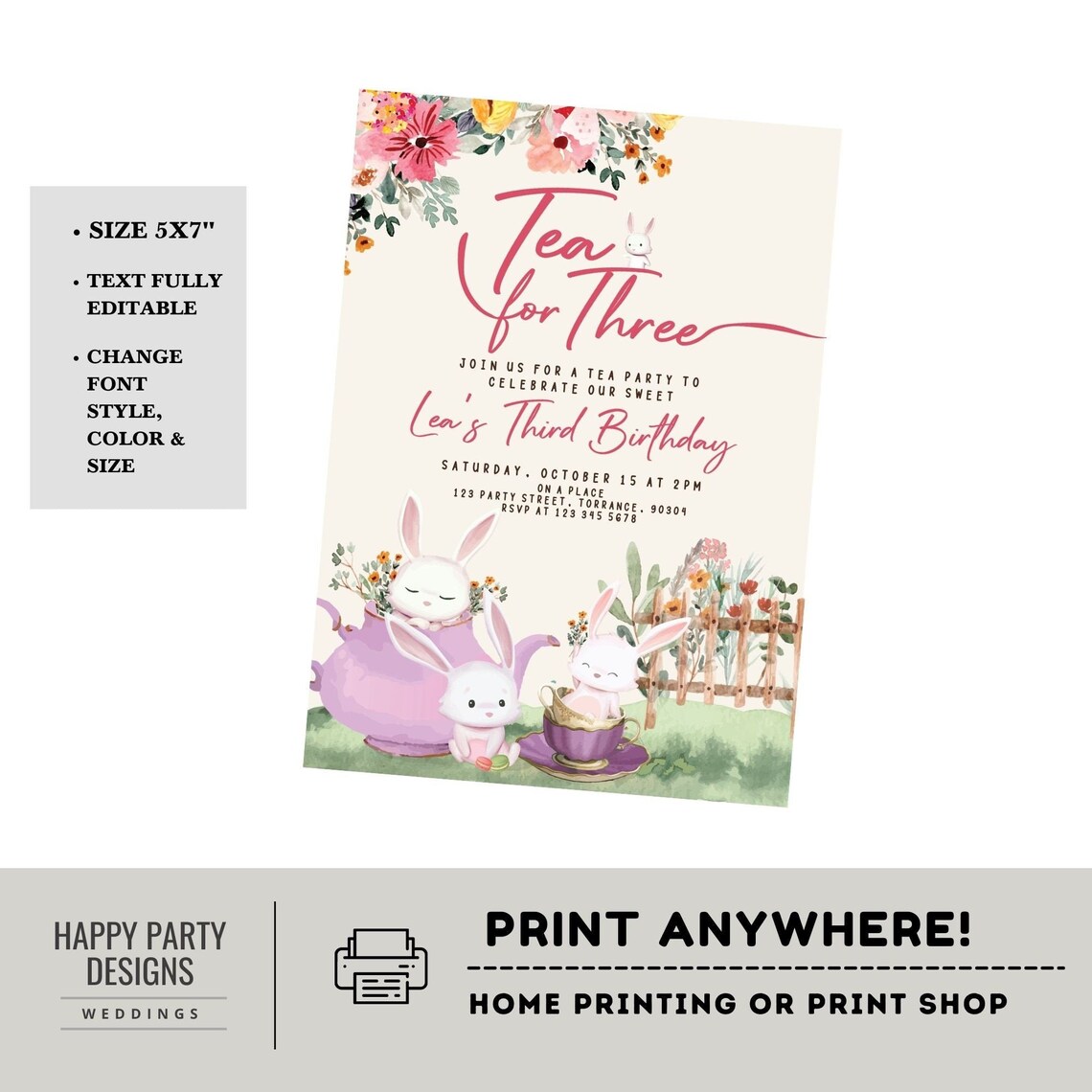 Tea for Three Invitation | Tea Party Invite | 3 Year-old Invitation ...