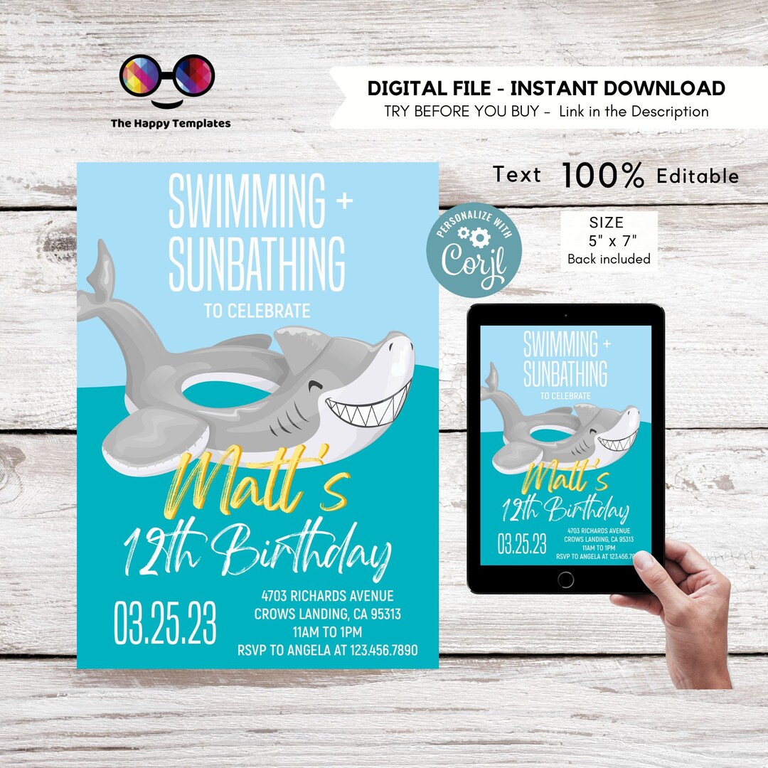 Editable Pool Party Birthday Invitation Template | Shark | Summer Party ...