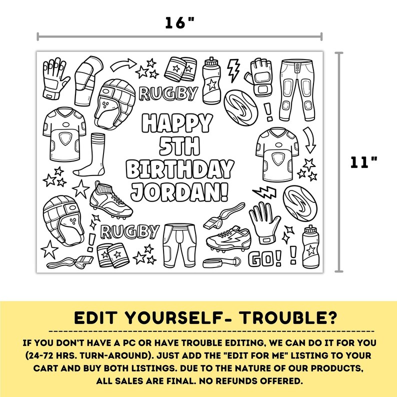 Editable Rugby Birthday Coloring Page | Sports Party | Rugby Coloring ...