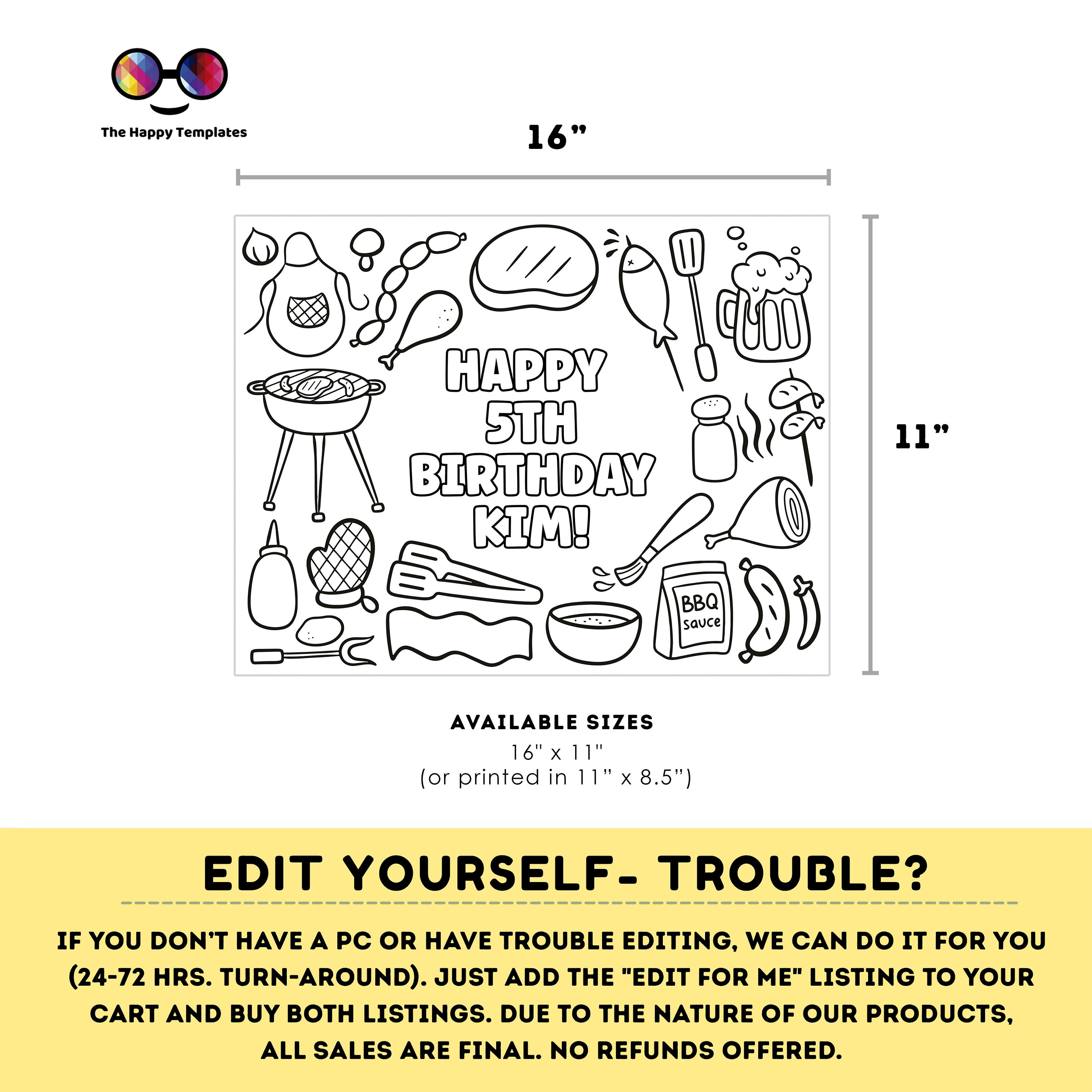 Editable Bbq Party Coloring Page | Placemat Coloring Page | Text 100% ...