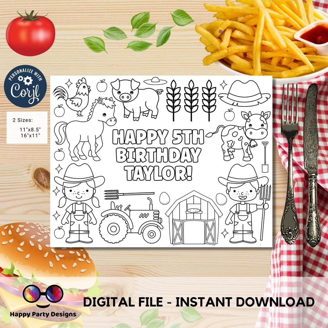 Editable Farm Kids Coloring Page Farm Birthday Placemat - Etsy Canada