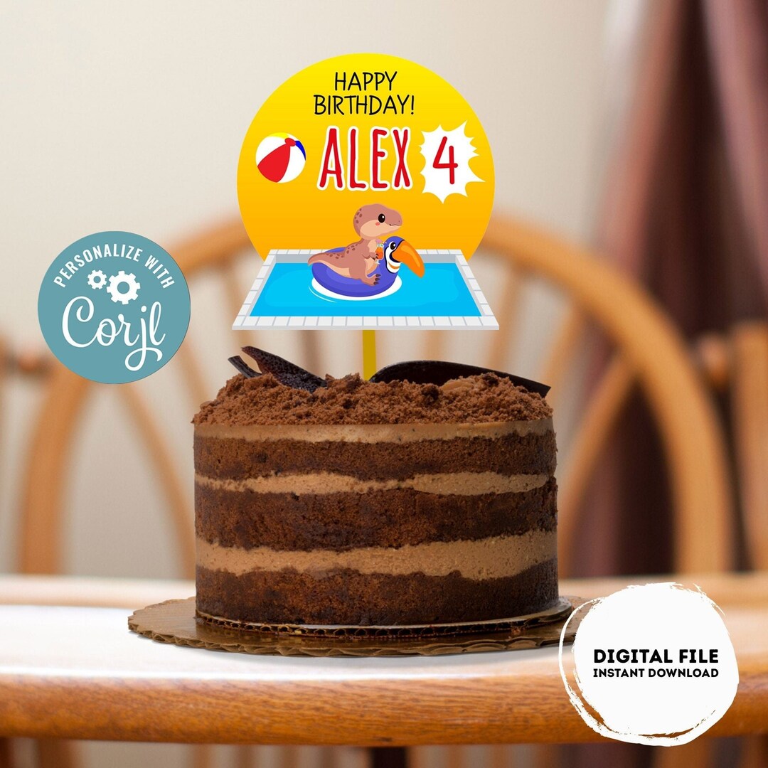 Editable Dinosaur Pool Party Cake Topper | Dinosaur Pool Party Birthday ...