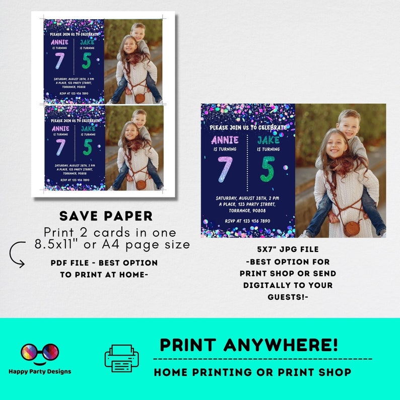 EDITABLE Sibling Birthday Invitations With Picture Any Age - Etsy