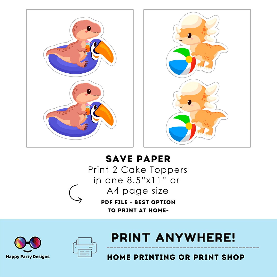 PRINTABLE Dinosaur Pool Party Cake Toppers | Dinosaur Pool Party ...