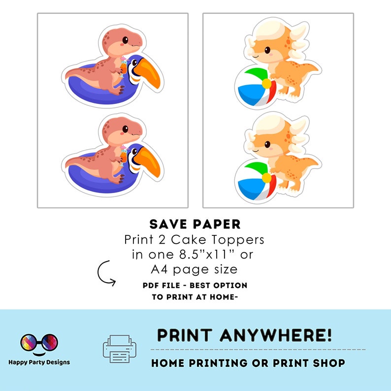 PRINTABLE Dinosaur Pool Party Cake Toppers | Dinosaur Pool Party ...