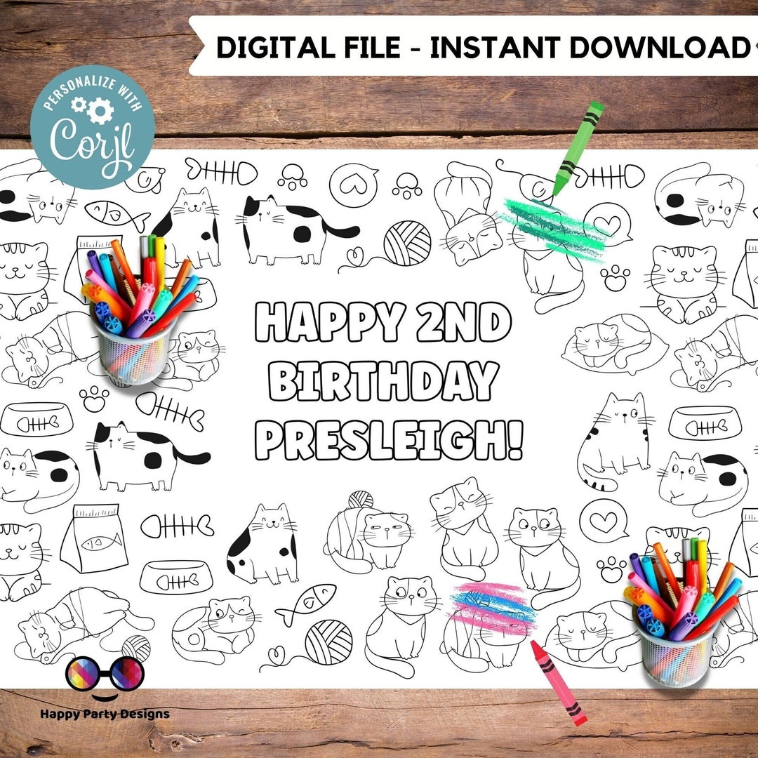 Funny Cats XL Coloring Table Runner | Editable Cute Funny Cats Coloring ...