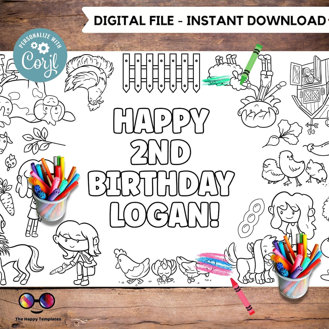 Editable Farm Animals XL Coloring Page | Banyard Birthday Table Runner ...