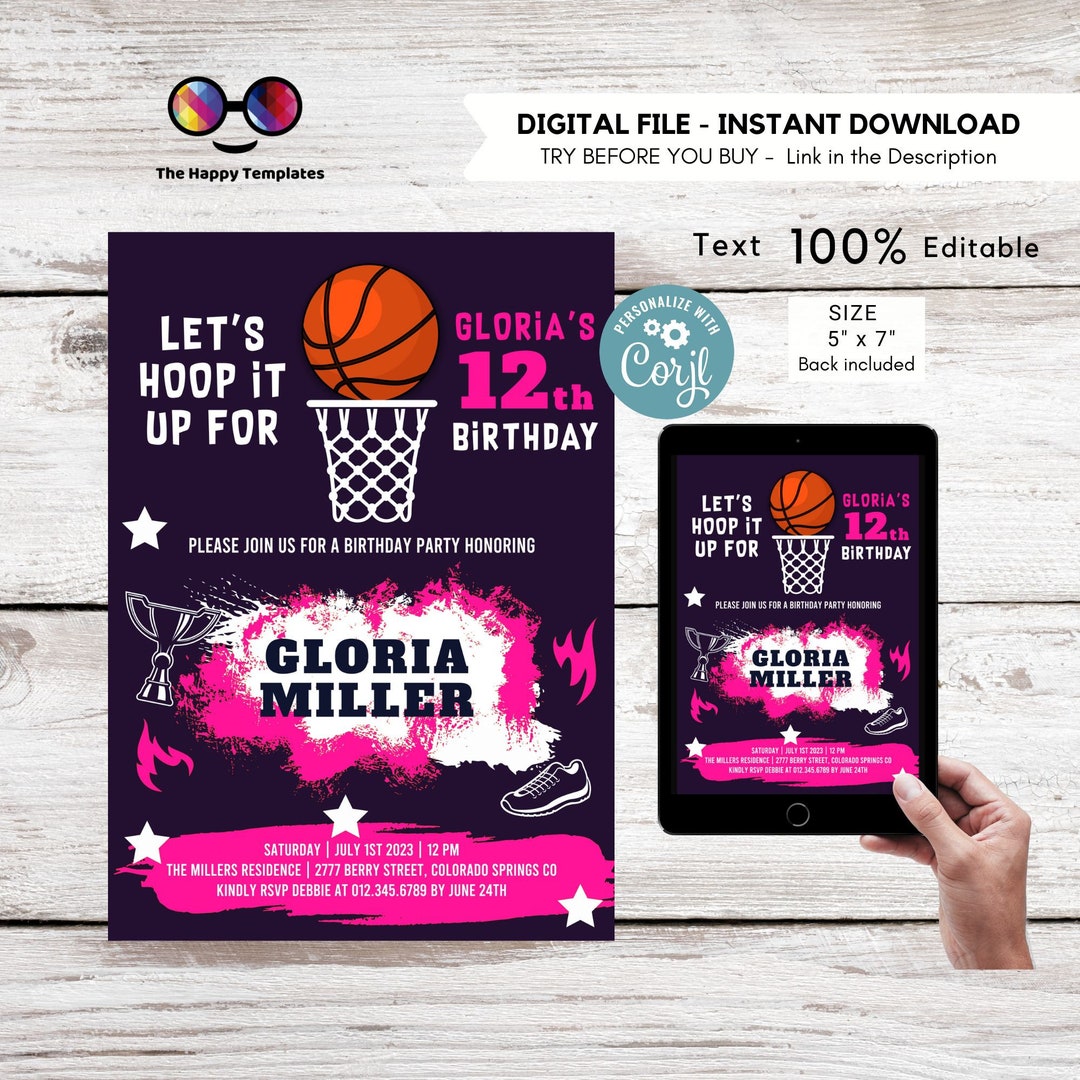Basketball Birthday Invitation Template | Any Age | Pink Basketball ...