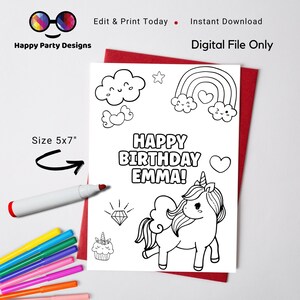 Editable Unicorn Birthday Card | Card to Color | Coloring Greeting Card ...