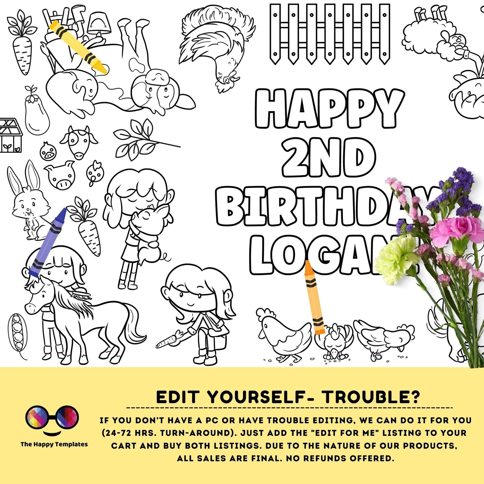 Editable Farm Animals XL Coloring Page | Banyard Birthday Table Runner ...