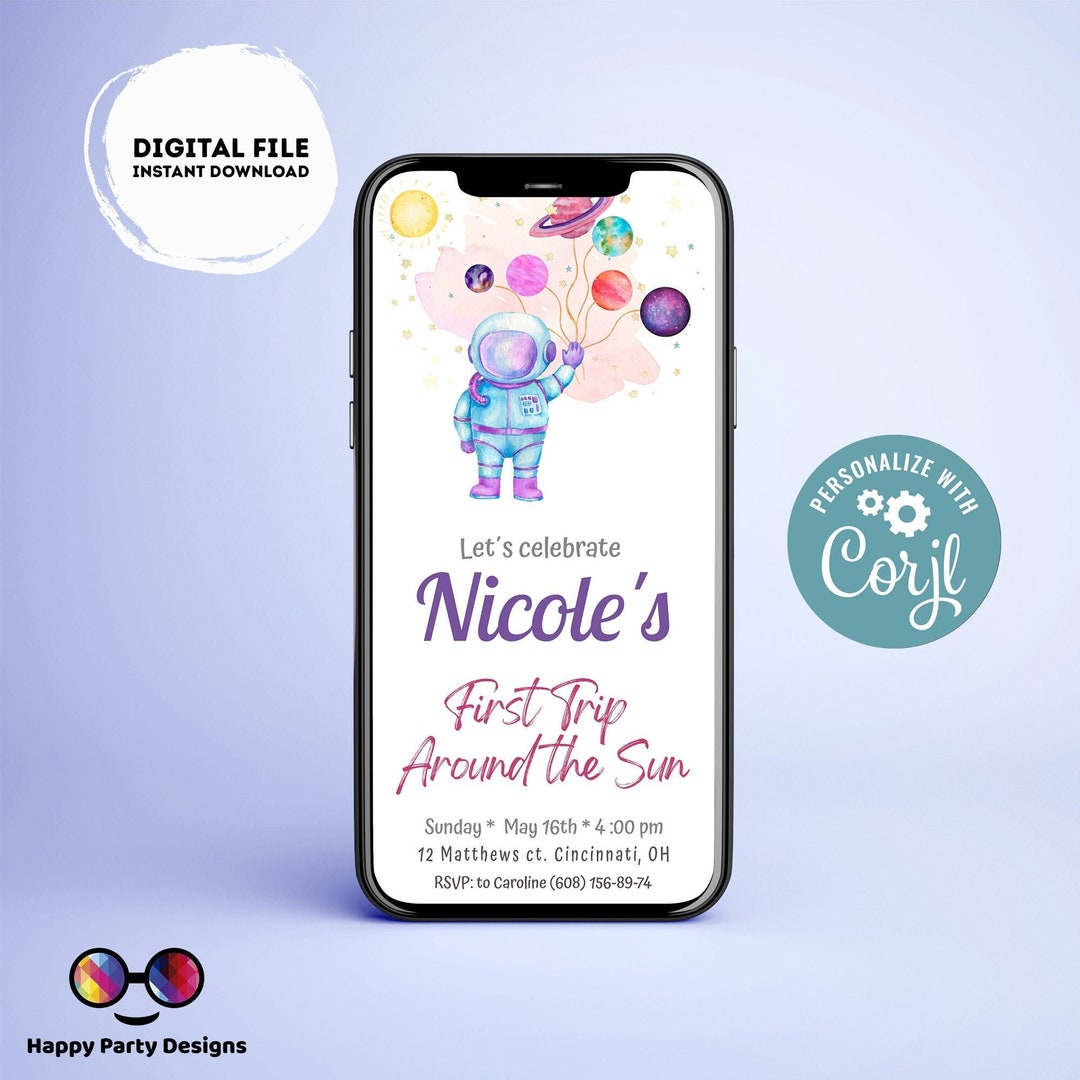 Editable Outer Space First Birthday Evite | First Trip Around the Sun ...