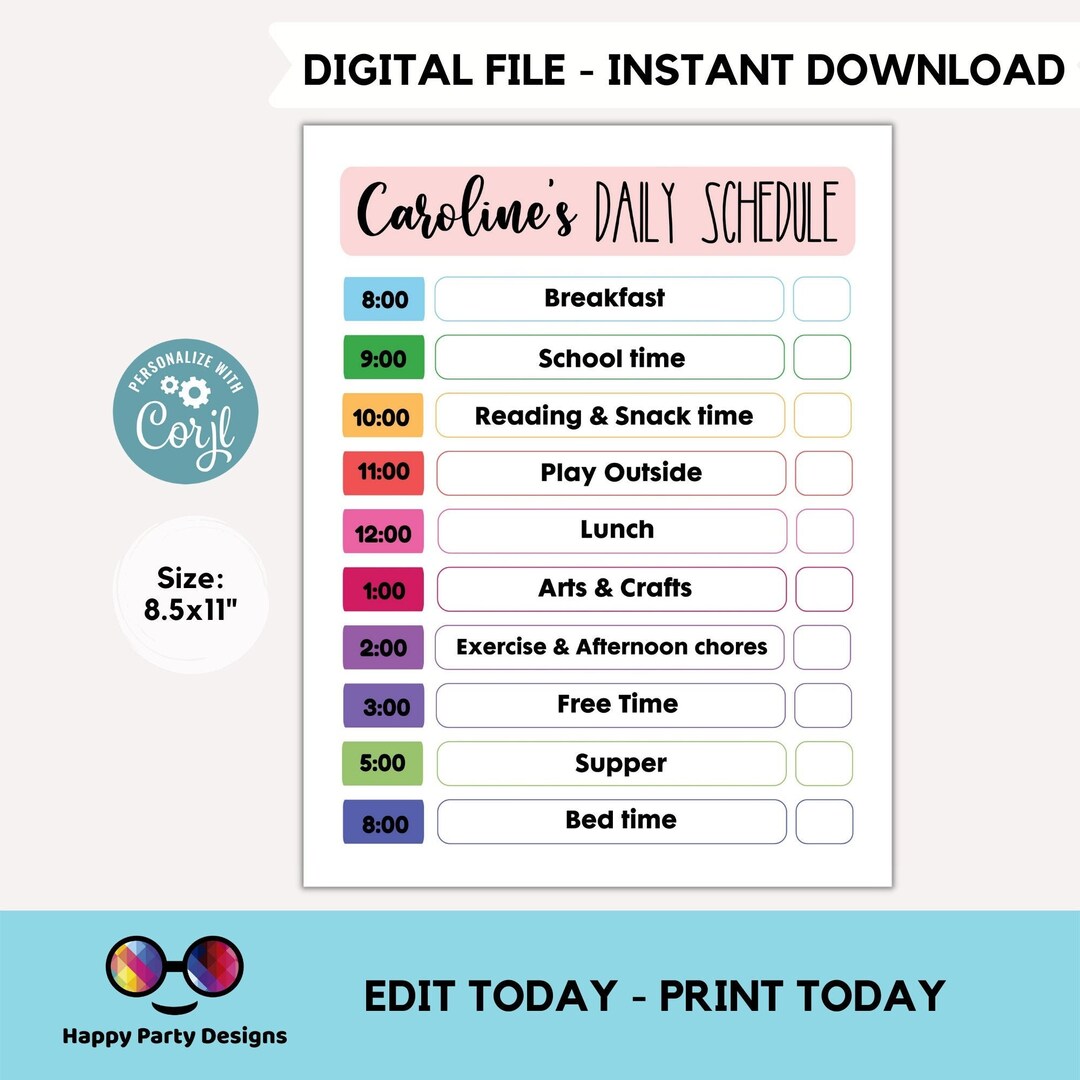 Weekly Daily Schedule Chart for Kids | Daily Routine Chore Chart for ...