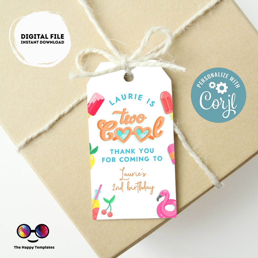 Editable Two Cool Birthday Thank You Gift Tags Summer Favor Tags ...