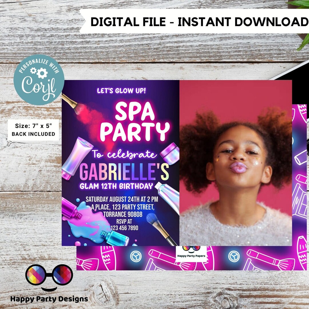Editable Neon Spa Party With Photo | Girls Spa Birthday Party Editable ...