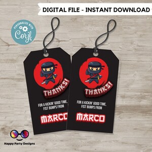 Editable Ninja Birthday Thank You Gift Tags | Ninja Favor Tags ...