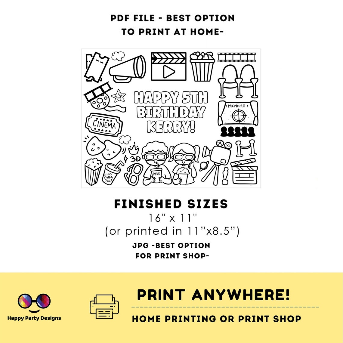 Editable Movie Birthday Coloring Page Printable Movie Night - Etsy Canada