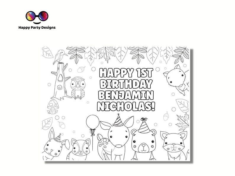 Editable Woodland Coloring Page | First Birthday Coloring Page | Any ...