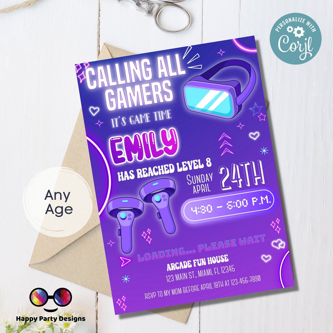 Editable Video Gamer Invitation | Digital Neon Video Gamer Printable ...