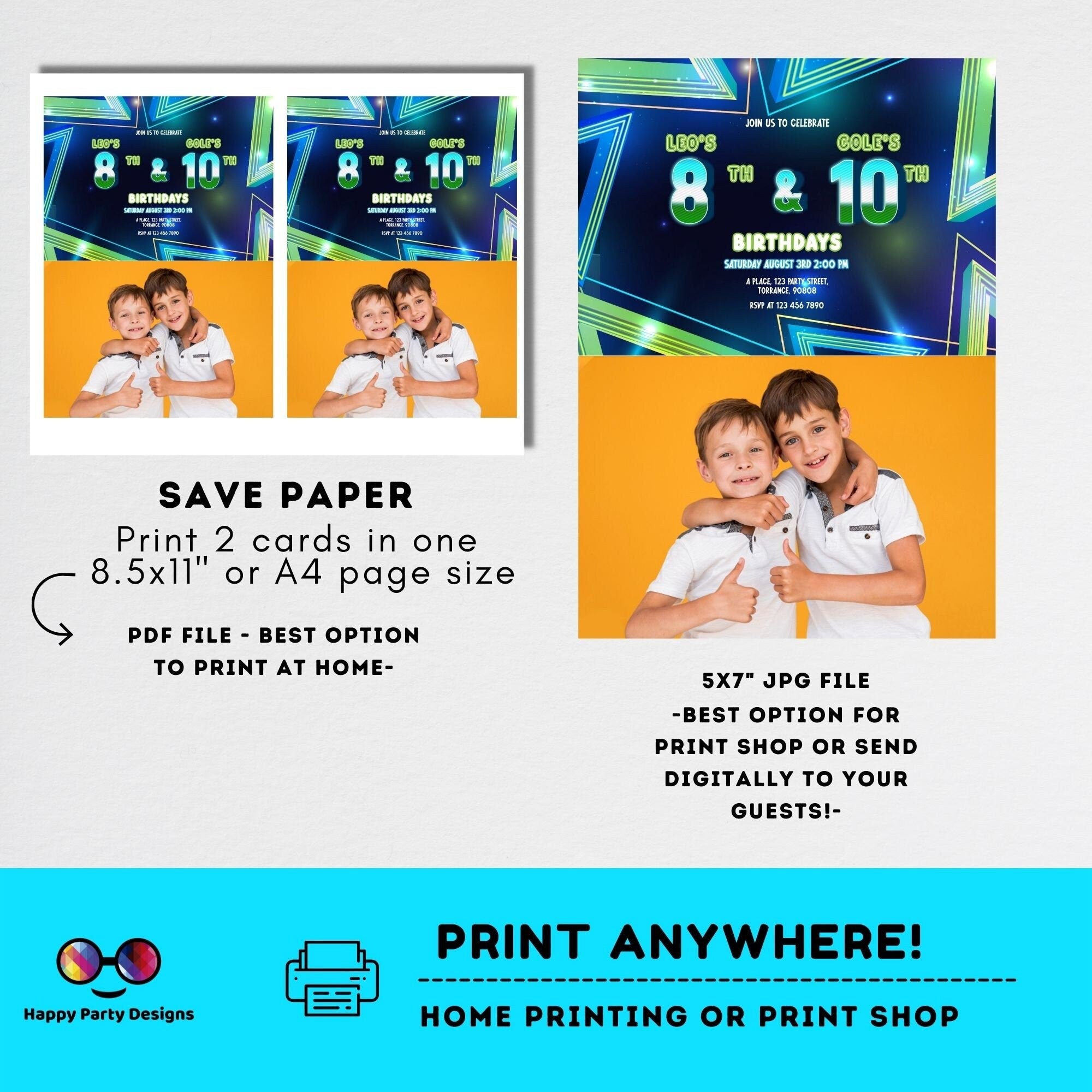EDITABLE Neon Sibling Birthday Invitations With Photo | Any Age! Double ...